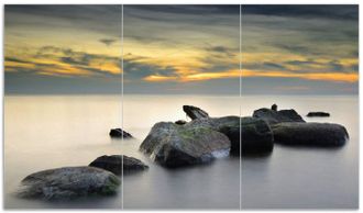 Wallario Herdabdeckplatte/Spritzschutz aus Glas, 3-teilig, 90x52cm, für Ceran- und Induktionsherde, Mystische Felsen im Meer