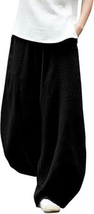 Generic Pantalon Harlem en coton et lin pour femme - Jambe large - Pantalon hipster tendance avec poches - Taille &eacute;lastique - Couleur unie - L&eacute;ger - S&eacute;chage r