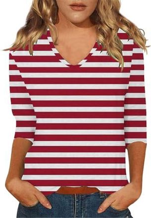 Generic T-shirt &eacute;l&eacute;gant pour femme - Col en V - Manches 3/4 - T-shirt d&eacute;t&eacute; ray&eacute; - D&eacute;contract&eacute; - Doux - Oversize - V&ecirc;tement tendance, rouge, M