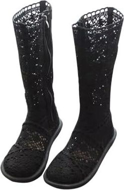 Minetom Femme Bottes Longues Été Automne Dentelle Chaussures Élégant Respirant Talon Plat Fermeture Eclair Boots A Noir 39 EU