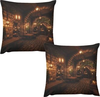 Generic Rustikale Tavernenbeleuchtung, Steinwand, Holztisch Zierkissenbezug Luxuri&ouml;se Sofakissen Atmungsaktiv Sofakissenbezug F&uuml;r Hotel Sofa Bett 45X45Cm 2Er 
