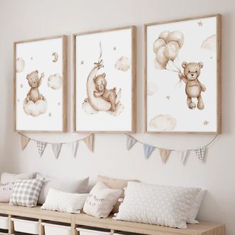 Generic 3 Poster Bär Bild Babyzimmer Beige 30 x 40 cm Bilder Kinderzimmer Jungen Wandposter für Kinder Teddybär Wolke Mond Ballon Leinwand Wanddekoration Baby