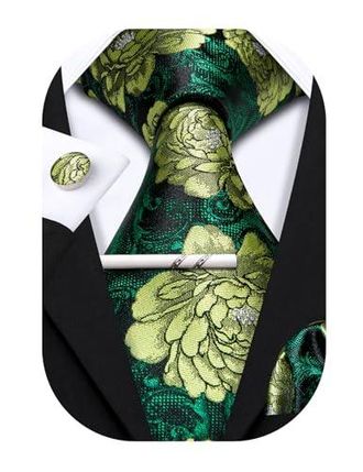 Barry.Wang Lot de 4 cravates carr&eacute;es pour homme - Motif floral - Boutons de manchette - Pour mariage, f&ecirc;te, affaires, Fleur vert fonc&eacute;, taille unique