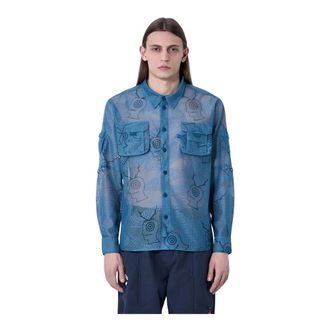 Brain Dead Homme, Chemises, Bleu, Taille: M Chemise de pêche à imprimé logo en maille