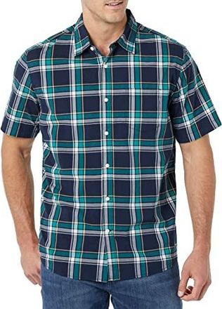 Amazon Essentials Chemise en Popeline Extensible à Manches Courtes (Grandes Tailles Disponibles) Homme, Vert Bleu Marine Moyen Plaid, XS