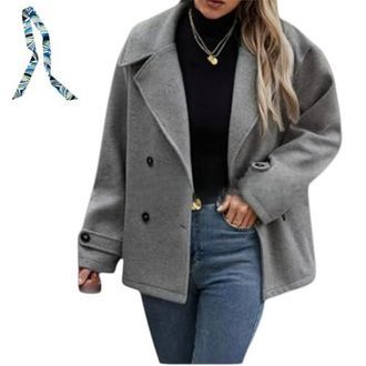 Generic Manteau court en laine m&eacute;lang&eacute;e &agrave; double boutonnage avec col &agrave; revers, manches longues, double boutonnage, blazer &agrave; revers crant&eacute;, gris, XXL