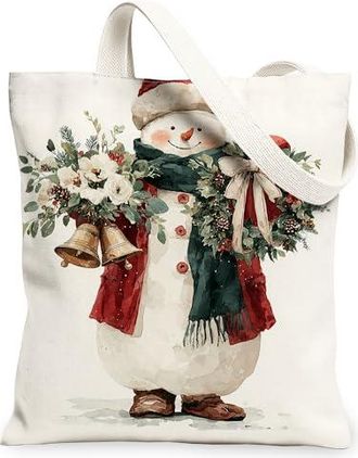Generic Sacs fourre-tout en toile motif bonhomme de neige, sacs &agrave; provisions r&eacute;utilisables, design mignon joyeux, l&eacute;ger et lavable, Blanc, 13x15 Inch