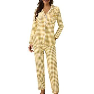 Generic Ensemble de pyjama pour femme en coton &agrave; manches longues avec boutonnage vers le bas - Ensemble de v&ecirc;tements de d&eacute;tente pour femme avec haut &agrave; col en 