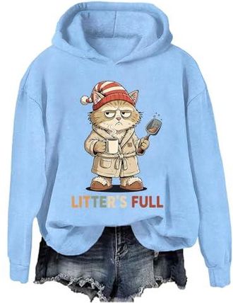 Generic Sweat à capuche avec inscription « Merry Christmas » - Motif chat amusant, Bleu (Carolina blue), XXL