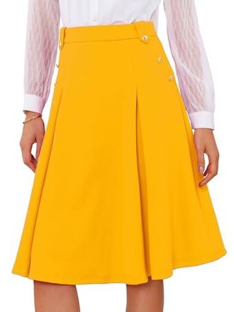 Allegra K Jupe mi-Longue &eacute;vas&eacute;e pliss&eacute;e Vintage &agrave; d&eacute;corer de Boutons Taille Haute pour Femmes Jaune XL