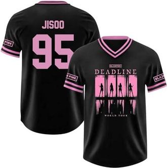 Generic Maillot de Baseball imprimé Noir et Rose Kpop Lisa Jennie Jisoo Rose, t-Shirt de Baseball Hip-hop à col en V pour Les Fans de Musique 04-5 M