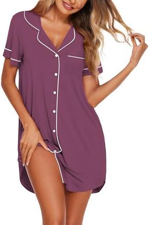 Ekouaer Chemise de Nuit Femme Manche Courte Ete Grande Taille Chemise de Nuit Maternité Allaitement Boutonnée Devant, Magenta, XXL