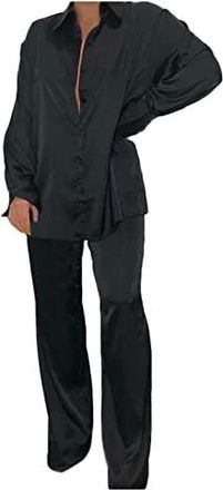 Generic Femme Ensemble 2 Pi&egrave;ces Costume Satin Bouton Manches Longues Chemisier Blouse + Pantalon Ensemble de Pyjama Jogging Yoga Outfits