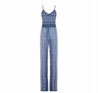 Balmain Blue Knit Jumpsuit With Chain Strap Detail Size XS