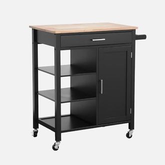 Sweeek Desserte de cuisine noire BENDOR plateau en bois dh&eacute;v&eacute;a. 83 x 47 x 91 cm. 1 poign&eacute;e. 4 roues. 1 tiroir. 5 &eacute;tag&egrave;res. 1 porte. style contemporain