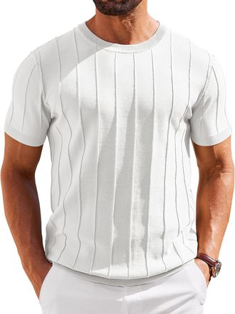 Coofandy Herren T-Shirt Kurzarm Strick Shirt mit Rundhals Shirt Casual Pullover Gestreiftes Strickshirt Sommer Oberteile Wei&szlig; XXL