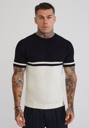 Siksilk Herren Schwarz und Ecru Gestricktes T-Shirt XXL