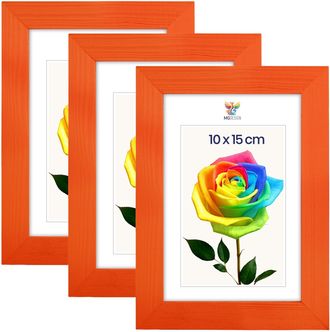 MG Design 3er Set Bilderrahmen A6 10 x 15 cm - Fotorahmen mit Orange Echtholzrahmen und bruchsicherem Acrylglas, Hoch & Quer zum Aufh&auml;ngen, zum Aufstellen