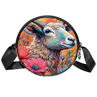 Generic Petit sac &agrave; bandouli&egrave;re rond pour femme, motif mouton color&eacute; avec fermeture &eacute;clair, bretelles r&eacute;glables, sac &agrave; main rond d&eacute;contract&eacute; pour femmes et fi