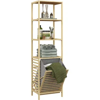 HOMCOM Homcom - Badregal mit W&auml;schekorb, Badezimmerregal mit 3 Ebenen, Ausziehbarem Stoffkorb, Badschrank mit Kippschutz f&uuml;r Wohnzimmer, Badezimmer, Bambus