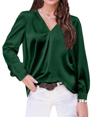 Generic Womens Dressy Satin Blouses Fall Long Sleeve Work Shirts Business Casual V-Neck Tops