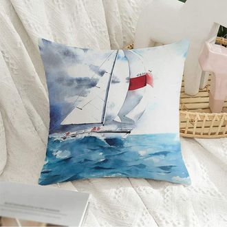 Generic Kissenbez&uuml;ge Blau Yachting Seascape Segel Yacht Boot Wellen Sturm Sport Segelboot Aquarell Freizeit Sofakissen Waschbar Sofa Dekoratives Kissenbez&uuml;ge,