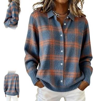 Generic Cardigan boutonné décontracté en coton pour femme, imprimé à carreaux, pour lhiver, Noël, col court, cardigan à carreaux, Couleur 1, XL