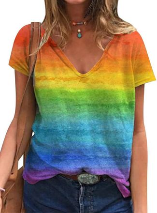 Dresswel Damen Regenbogen T-Shirt V-Ausschnitt Bunte Streifen Grafikdruck LGBTQ Lesbian Gay Pride Vintage Tee Shirt Oberteil Tops