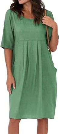 Onsoyours Robe Femme Été Lin Col en Rond Manches Courtes Ample Casual Midi Robe Tunique Blouse Robe Longueur Genou E Vert M