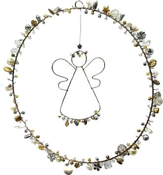 Mitienda Fensterdeko Perlenkranz 20cm, Fensterschmuck Draht-Engel, Gold, h&auml;ngend, Kranz aus Perlen