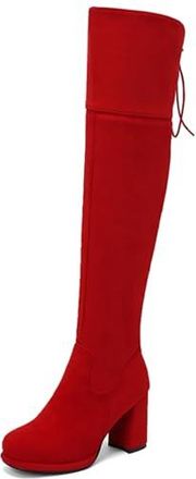 SJJH Bottes hautes &agrave; talon bloc | Bottes &eacute;l&eacute;gantes pour femme pour lautomne et lhiver, 8,5 cm de hauteur, doublure chaude, rouge, 46 EU