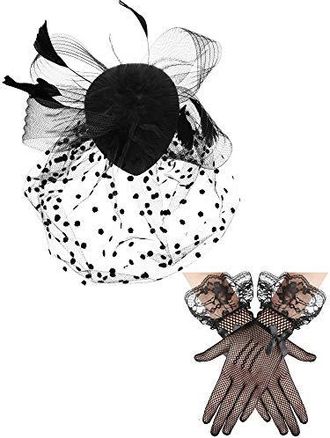 Satinior Chapeau en maille filet avec plumes et gants courts en dentelle - Accessoires de costume des ann&eacute;es 50 - Pour femme - Mariage - - Taille unique