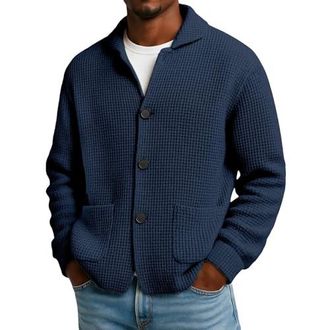 Generic Cardigan en tricot &eacute;pais pour homme avec col en V boutonn&eacute; et col ch&acirc;le gaufr&eacute; en coton tricot&eacute; &agrave; revers &eacute;pais - Pull &agrave; manches longues de couleur uni