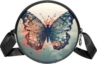 Generic Sac &agrave; bandouli&egrave;re rond pour femme, motif papillon vintage, petit sac &agrave; bandouli&egrave;re avec fermeture &eacute;clair, bretelles r&eacute;glables, sac &agrave; main rond d&eacute;contr