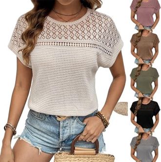 Generic Femmes Manches Courtes Casual Col Rond Crochet Eté Lâche Mode Gaufré Raglan Mesh Respirant Polyvalent T-Shirt, ecru, XXL