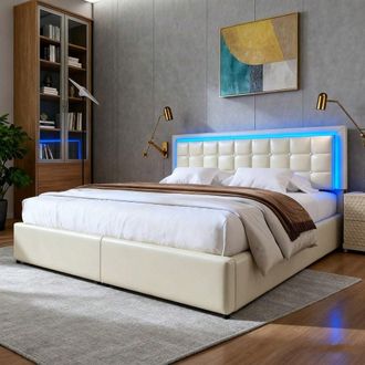 Generic Weißes Kunstleder-Polsterbett mit LED-Beleuchtung, 160x200 cm Doppelbett als Stauraumbett mit Lattenrost und Funktionsbett-Eigenschaften