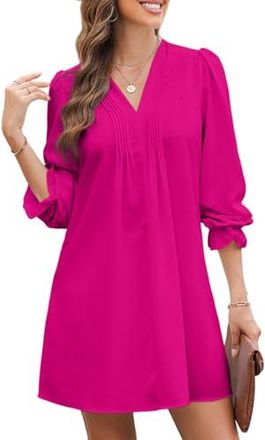 Dokotoo Robe Femme Chic et Elegant dété Manches Longues Col en V Fluide Légère à Volants Casual de Plage Mini Robes Femmes Tunique Courte Printemps Ete Décont