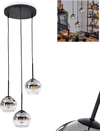 HOFSTEIN Hängeleuchte Koyoto, Hängelampe aus Metall/Glas in Schwarz/Chromfarben/Klar, Retro Design mit Schirmen aus Glas (Ø15 cm), Höhe max. 137,5 cm, 3-flammi