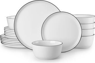 Malacasa Tafelservice 6 Personen, 18-teiliges Porzellan Geschirrset in Wei&szlig; mit schwarzem Rand, Geschirr set aus 6x Dinnerteller, 6x Dessertteller, 6x M&uuml;slisch