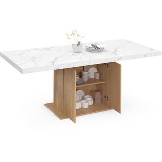 IDMarket Ausziehbarer rechteckiger Esstisch JULIETTE 6-10 Personen Platte in Marmoroptik Latten Holzleisten mit Ablage 160-200 cm