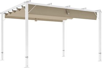 OUTSUNNY Pergola coulissante r&eacute;tractable 3 x 4 m aluminium blanc toile UPF30+ kaki
