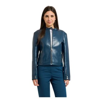 Patrizia Pepe Femme, Vestes, Bleu, Taille: 44 FR Veste de motard en tissu enduit