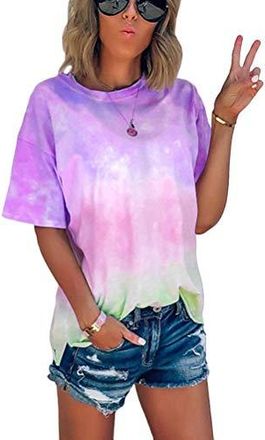 ORANDESIGNE T-Shirt Femme à Manches Courtes Tie Dye Grande Taille Été Ample Casual Tee Shirt Top Col en V Imprimé Colorées Mode Blouse Haut 01 Violet 40