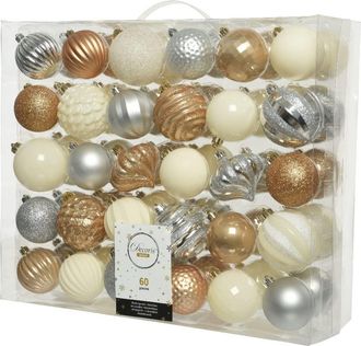 Kaemingk Weihnachtskugeln Kunststoff 6-7cm x 60 St&uuml;ck Ornamente Mix Christbaumkugeln Set Silber Wollwei&szlig; Karamel