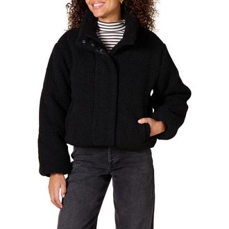Amazon Essentials Damen Kurze Steppjacke Mit Durchgehendem Reißverschluss (Aus Mattem Oder Sherpa Fleece, Gesteppt), Schwarz Teddybär Sherpa, XL