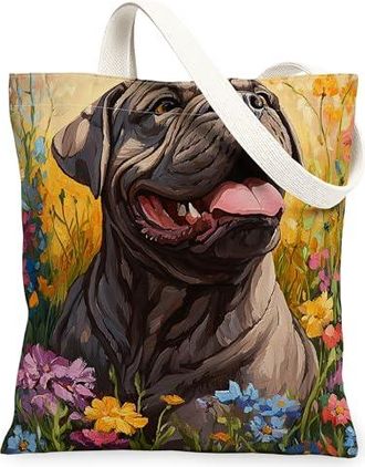 Generic Spring Neopolitan Sac fourre-tout en toile motif chien mastiff 33 x 38 cm, fleurs color&eacute;es, sac d&eacute;picerie r&eacute;utilisable pour femme, peinture danimaux d