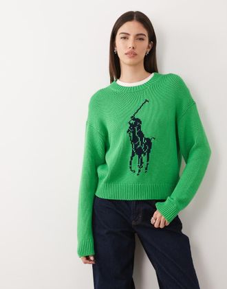 Polo Ralph Lauren Pull en maille de coton &agrave; grand logo embl&eacute;matique - Vert palmier