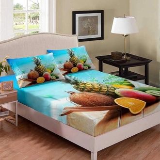 Generic Drap Housse 160x200 Fruit, 3D Fruit Exotique Drap-Housse 160 x 200, Drap Plat 2 Personnes, Drap Housse Enfant Adulte avec 2 Taies doreillers pour Mate