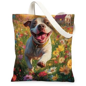 Generic Sac fourre-tout en toile motif chien Pitbull printanier pour faire du shopping, 33 x 38,1 cm, sac d&eacute;picerie r&eacute;utilisable pour femme, motif floral, ani