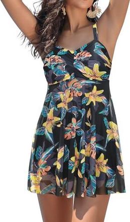 SHEKINI Maillot de Bain Une pièce élégant pour Femme - Jupe de Bain rétro Dos Nu - Robe de Bain plissée - Robe de Bain Ventre Plat - Jupe de Bain, Impression 